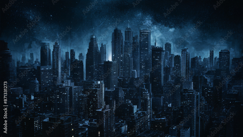 Midnight Blue Cityscape - Horizontal Urban Panorama Featuring Building ...