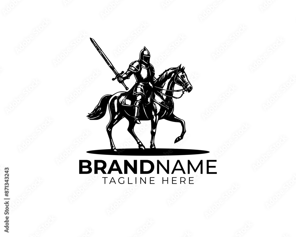 woodcut linocut engraving black ink print style logo of medieval knight ...
