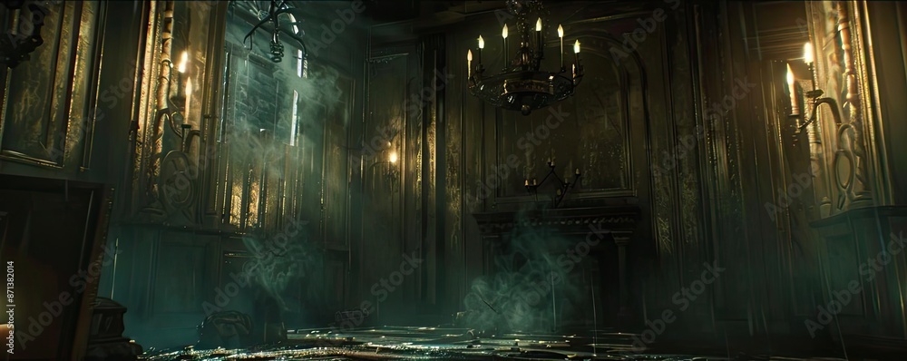 Eerie abandoned mansion interior with dim candlelight and dense fog ...