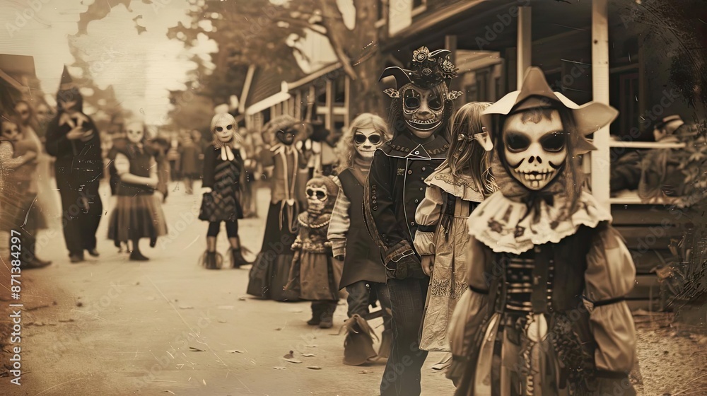 Vintage Halloween parade with children in creepy costumes and eerie ...