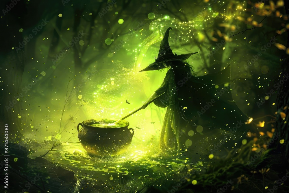 Mysterious witch stirring a glowing cauldron in a magical, enchanted ...