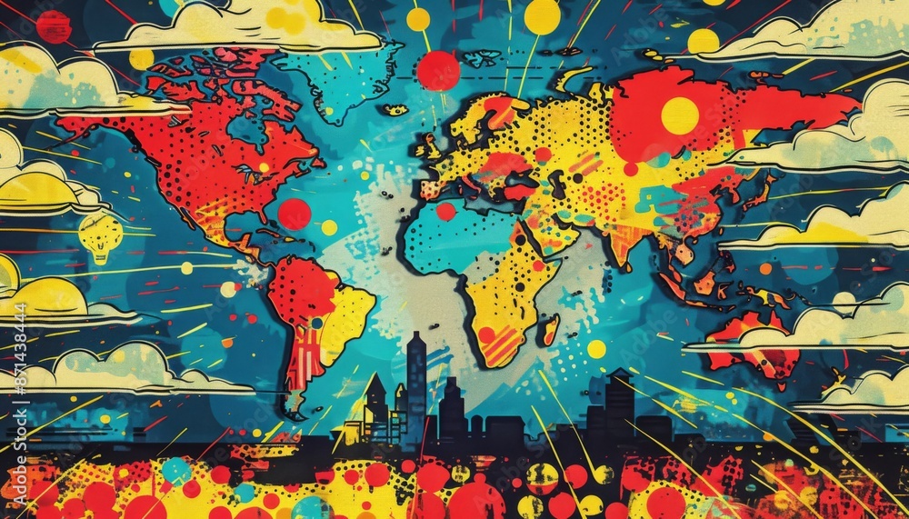 Pop art world map, bold colors, graphic style, comic book aesthetic ...