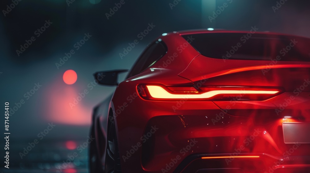 A sleek red sports car with illuminated taillights, captured at night ...