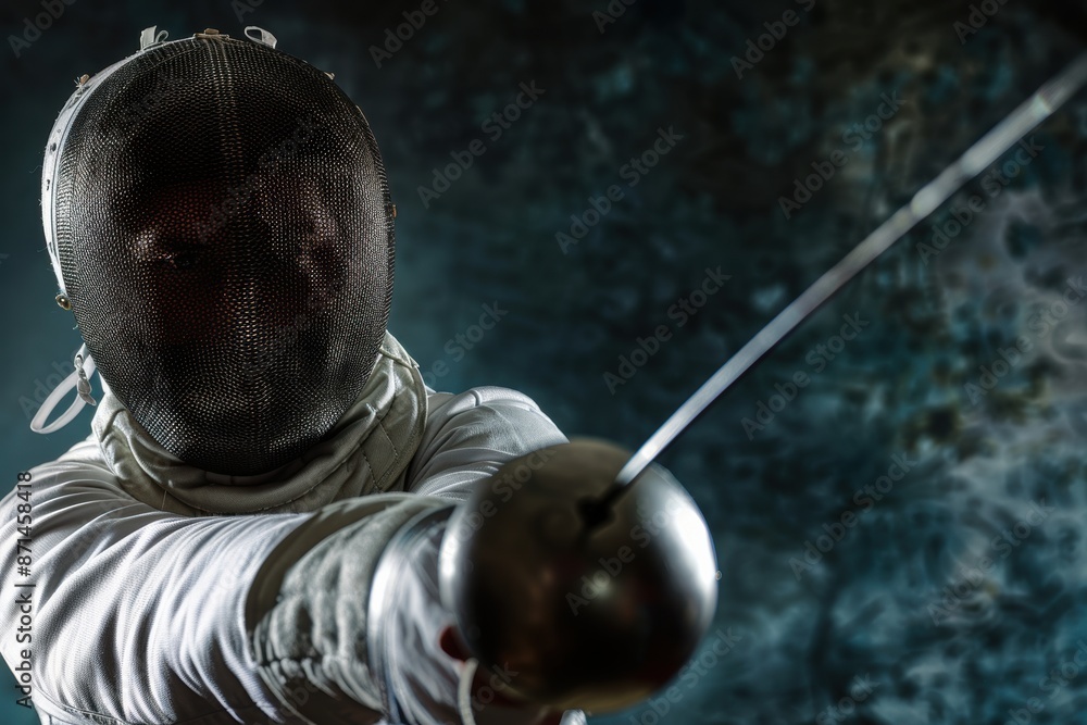 A focused fencer in a white uniform and mask lunges forward with ...