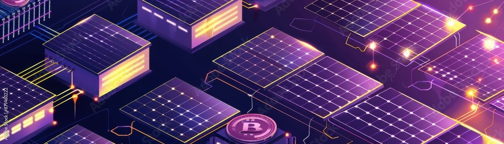 Blockchain network thriving, expansive solar panel farm, commercial ...