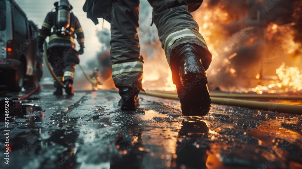 Firefighter in boots rescuing people in disasterstricken city clos ...