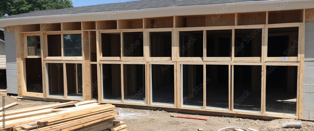 Wooden frames with large windows in an unfinished house, highlighting ...