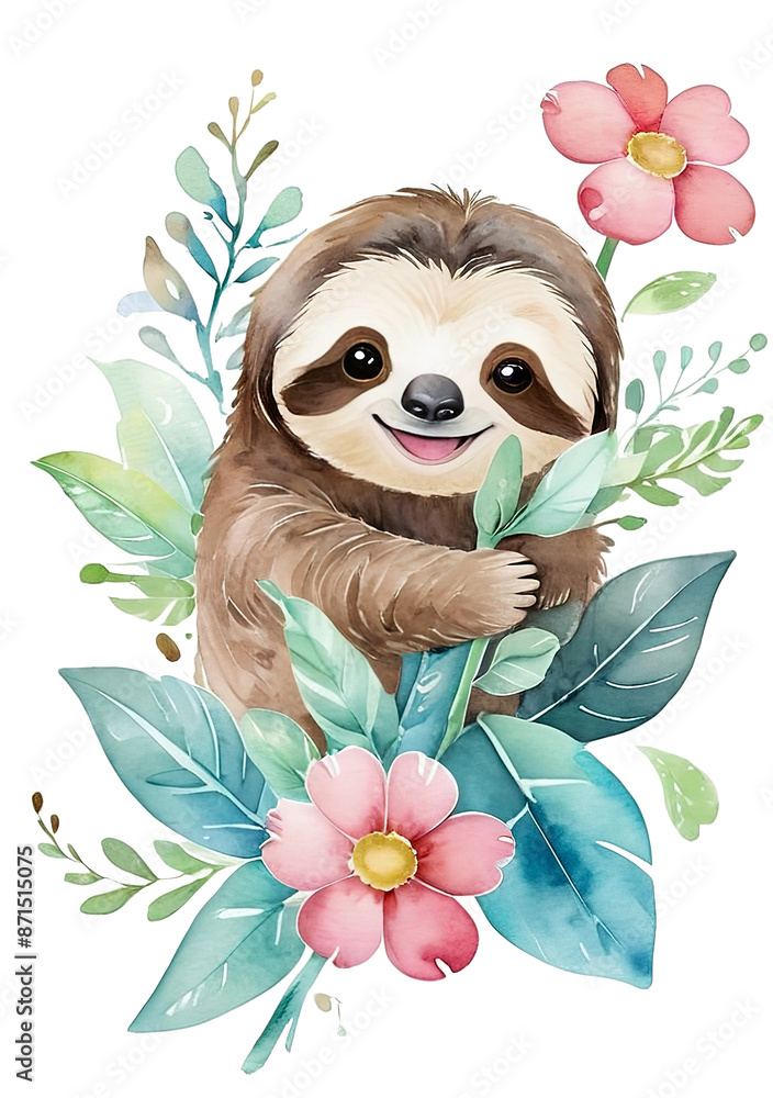Cute cartoon happy little sloth with flowers. Vector illustration ...