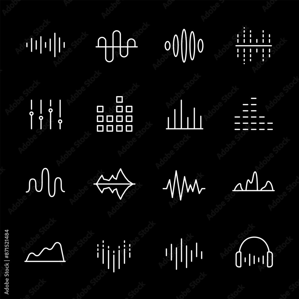 Equalizers, white line icons. Sound wave symbols for audio control ...