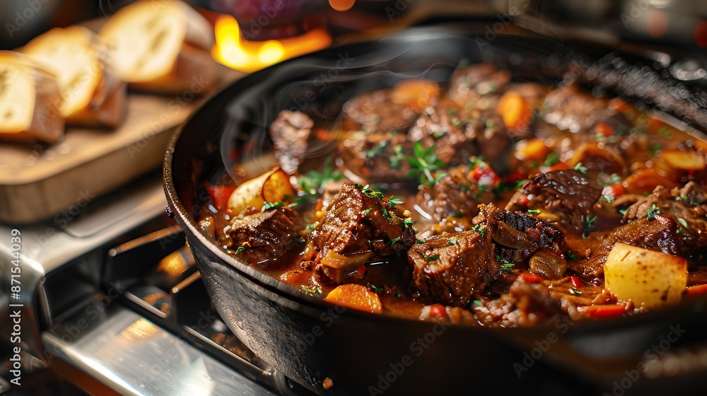 A cast iron pot simmering on a stovetop, filled with a rich carbonnade ...
