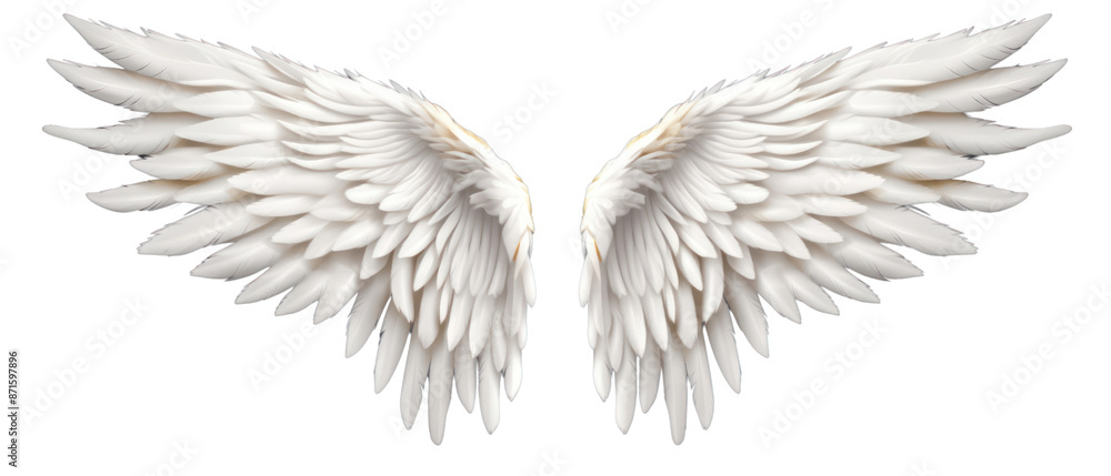 Two white angel wings spread wide apart on a transparent background ...