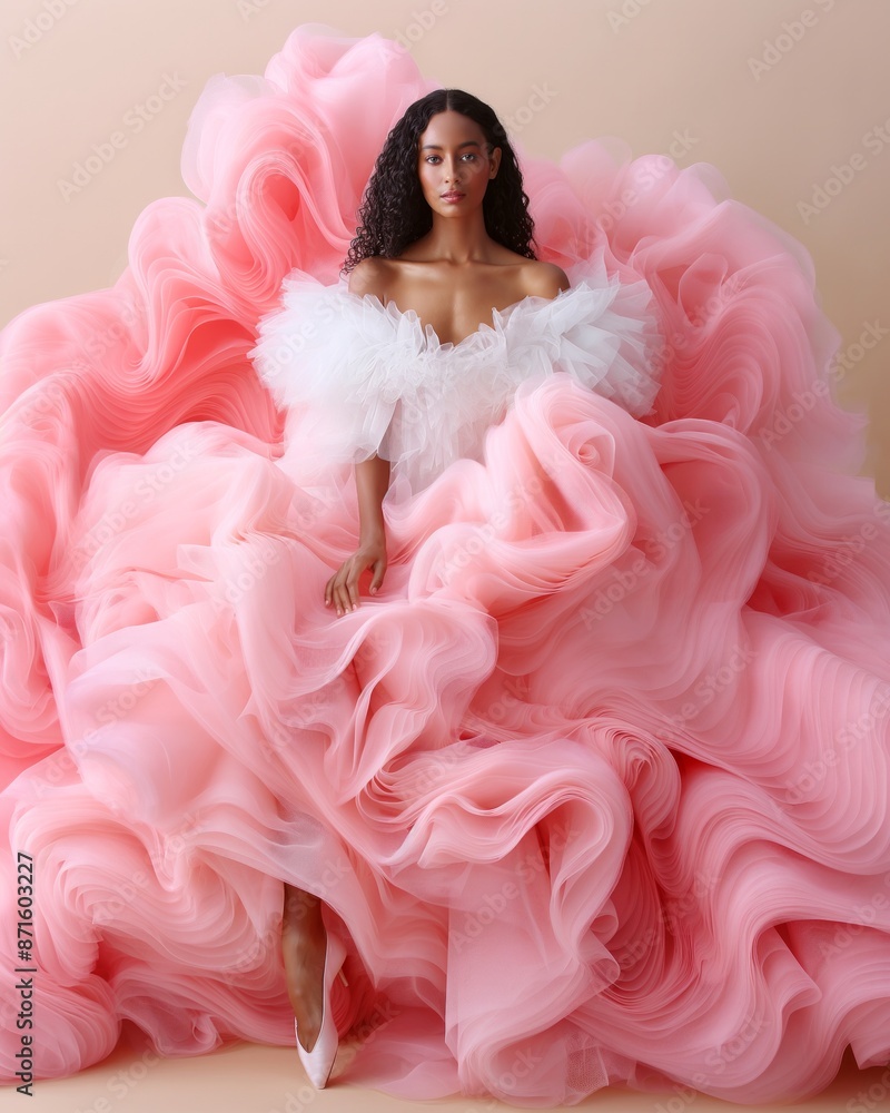 An elegant woman in a voluminous pink ruffle dress striking a pose ...