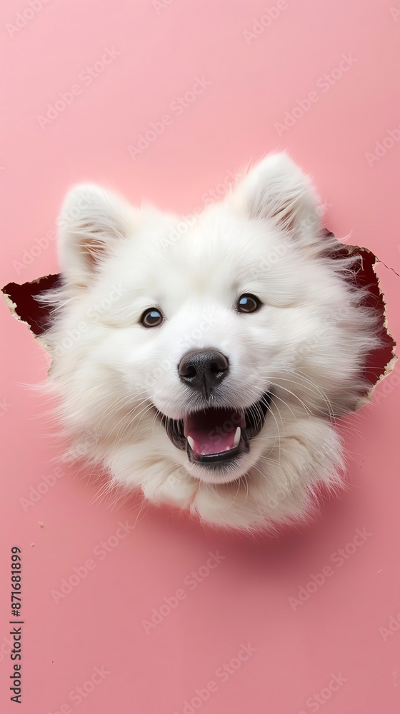 Samoyed head peeking out from a hole of bread, front side, editorial ...