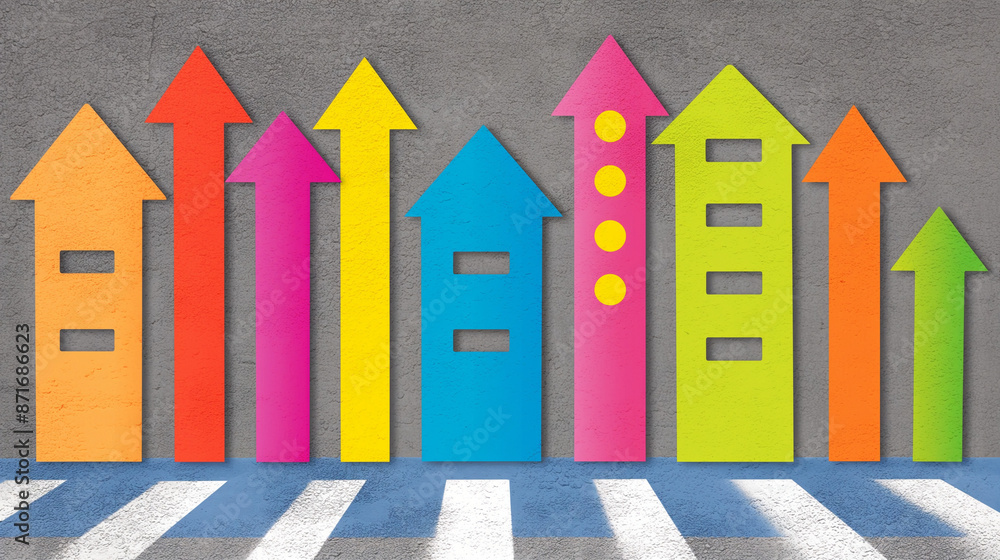 Colorful friendly cute design with arrows buildings as chart graphic ...