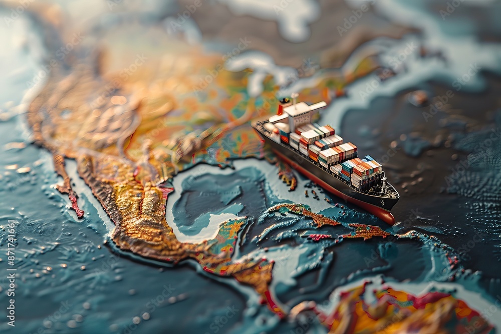 Container ship model on world map , transcontinental transportation or ...