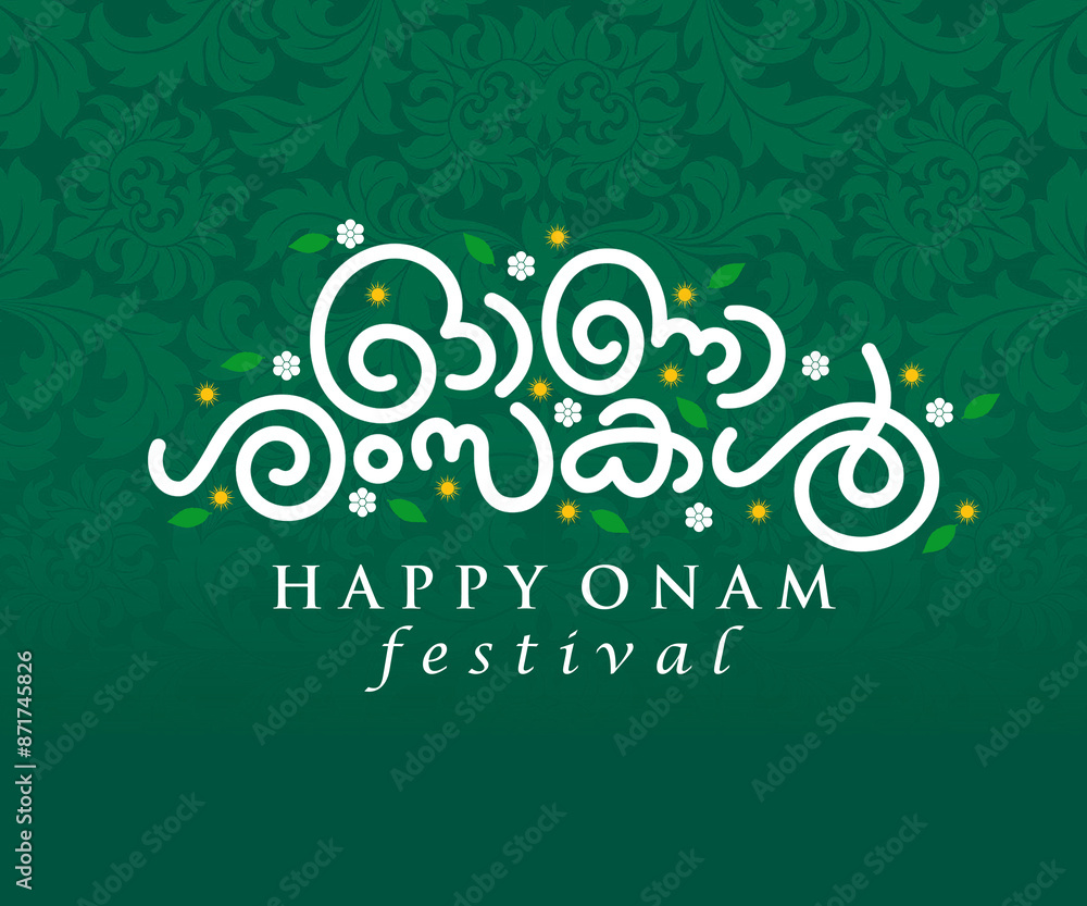 Beautiful Happy Onam Malayalam typography illustration with flowers on ...