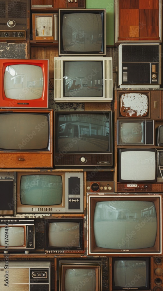 Many retro televisions. Vintage old fashioned TV. Seeing the past ...