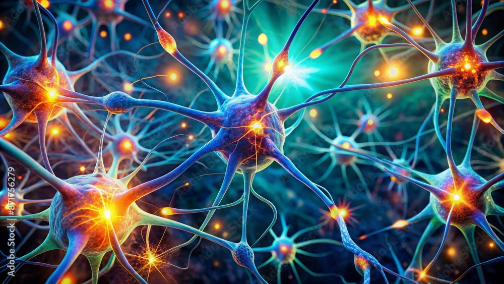 Vibrant 3D illustration of intricate neurons and brain nerve cells with ...