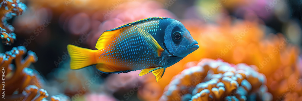 Close-Up of blue tang fish in Coral Reef, macro shot, vivid underwater ...