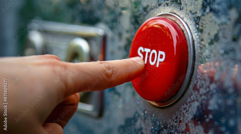 Finger Pressing Red Stop Button in Industrial Setting Stock Photo ...
