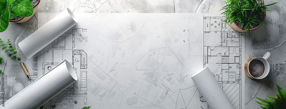 a wide angled horizontal flat lay closeup photo of an architectural ...