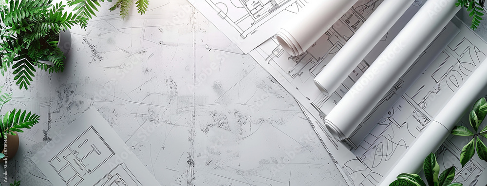 a wide angled horizontal flat lay closeup photo of an architectural ...