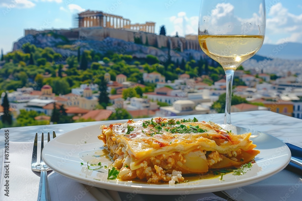 Foto de Stock Dining with History: Moussaka and Assyrtiko Wine at an ...