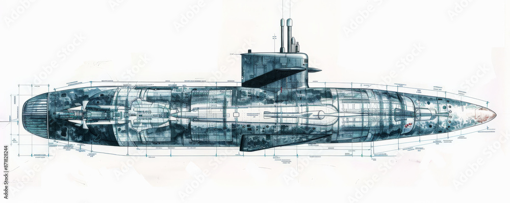 A technical drawing of a ballistic missile submarine, detailing its ...
