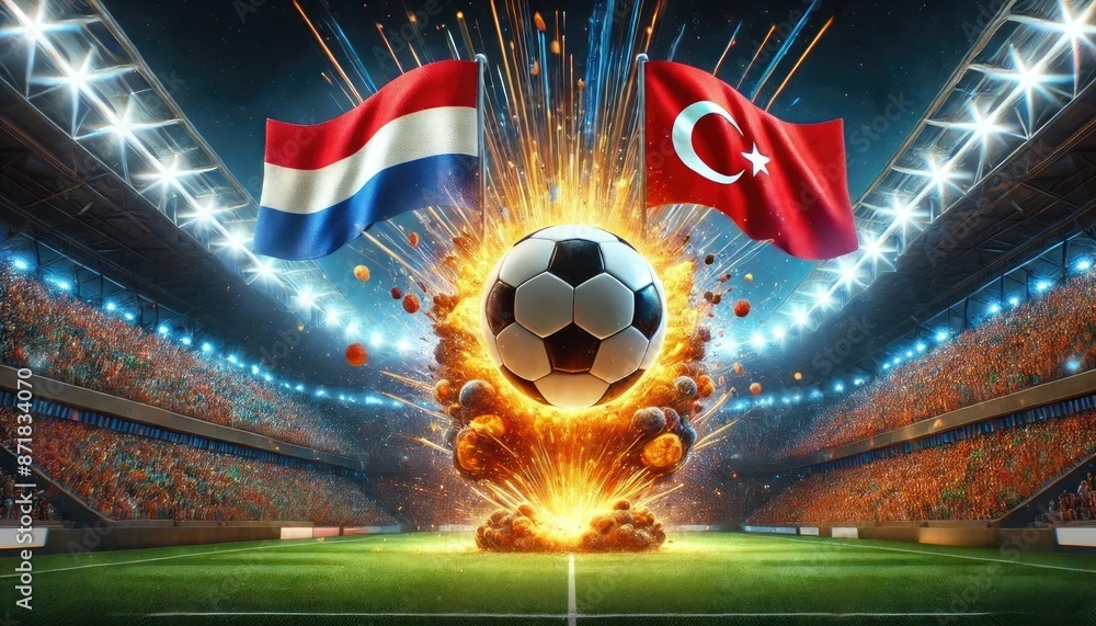 Netherlands vs Turkey football match, Dutch flag, Turkish flag, stadium ...