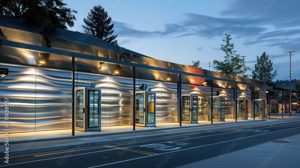 detailed shot of a custom-designed bus station, where each bus bay ...