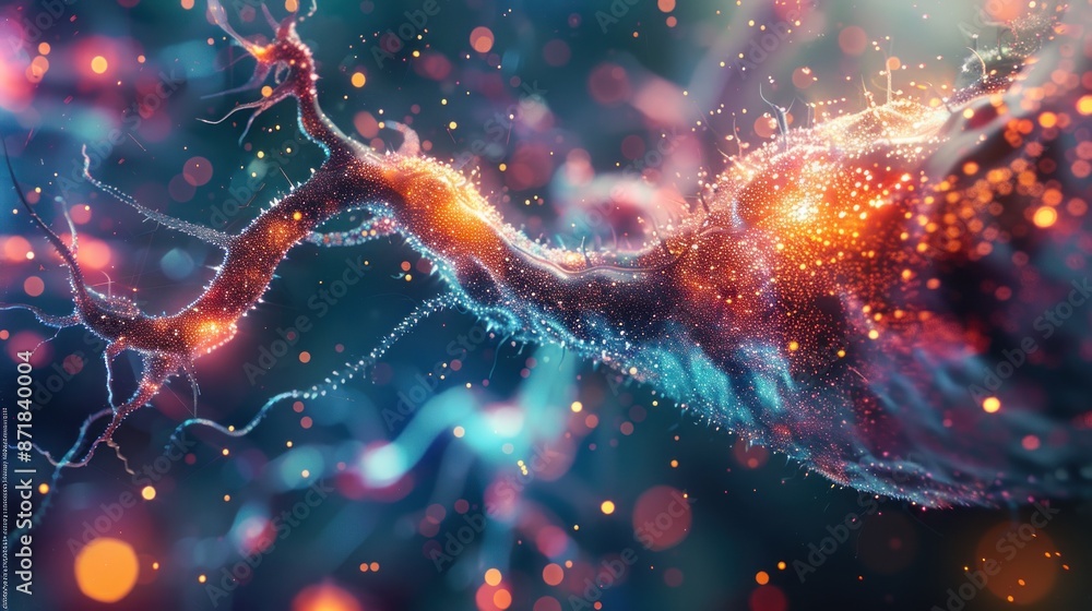 An advanced 3D visualization of a nerve cell, focusing on the biomedicine concept through its ...