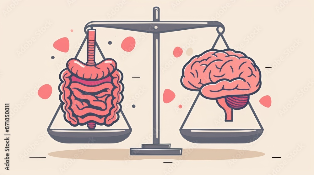 Gut-brain axis and microbiome concept. Cartoon style image of the gut and brain balanced on a ...