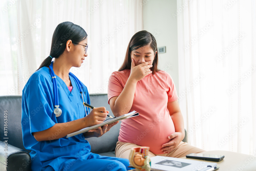 Asian female doctor and nurse consult on sofa with a pregnant woman ...
