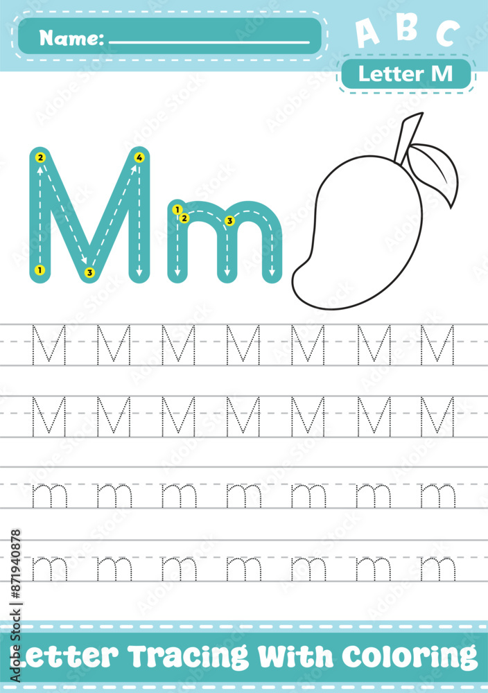 Letter M Uppercase Lowercase Tracing Worksheet with Coloring Apple ...