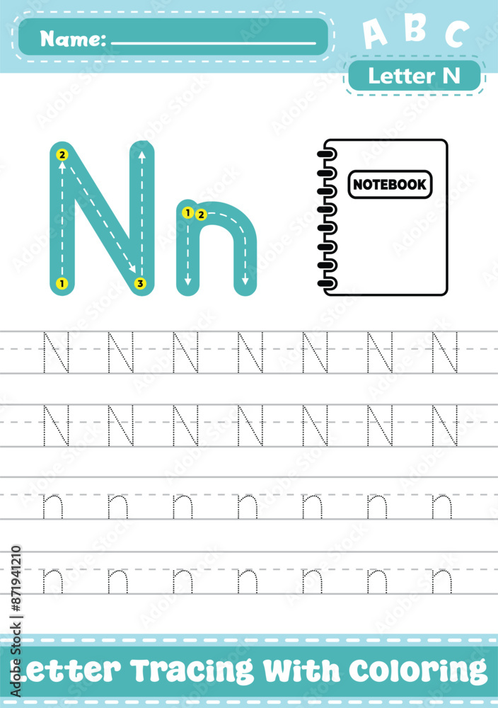 Letter N Uppercase Lowercase Tracing Worksheet with Coloring Apple ...