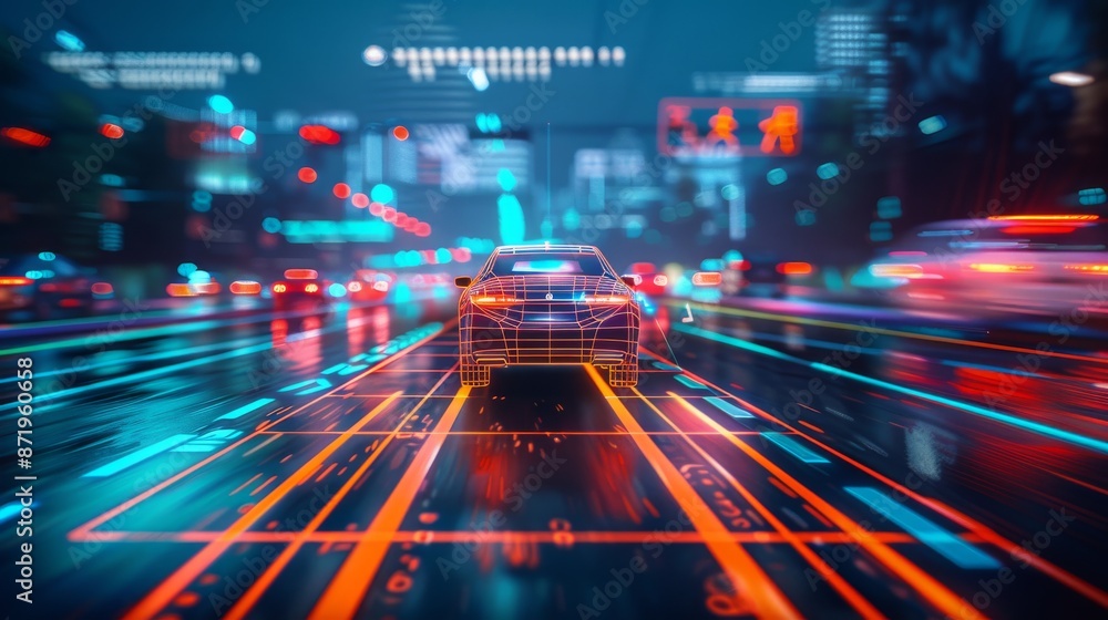 Self-driving autonomous cars, FSD, Neon HUD elements visualize the ...