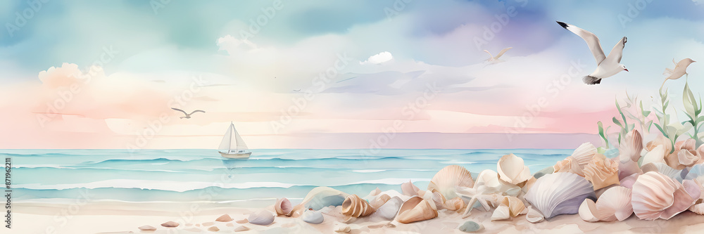 pastel watercolor beach background wallpaper travel Stock Illustration ...