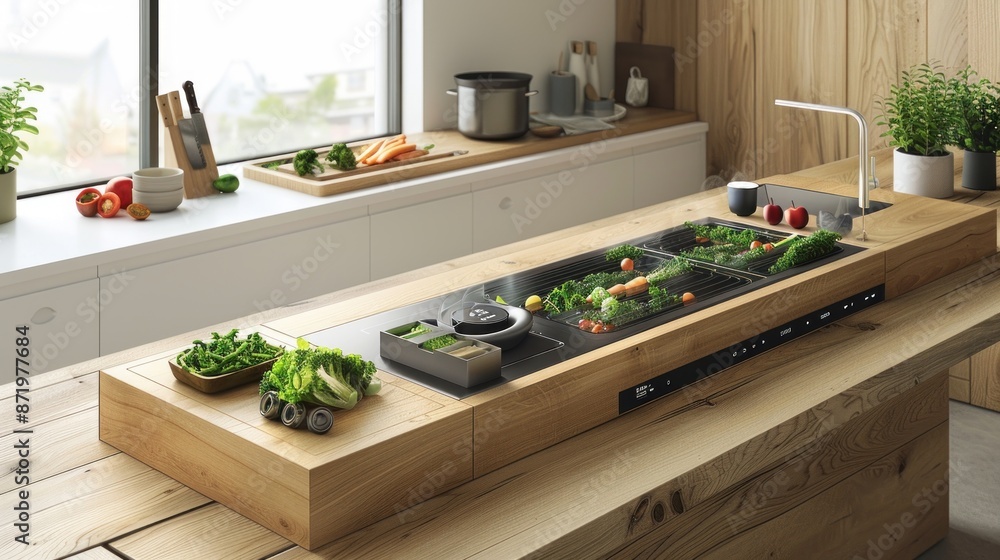 Stock-Illustration „Minimalist kitchen with retractable cooktop, hidden ...