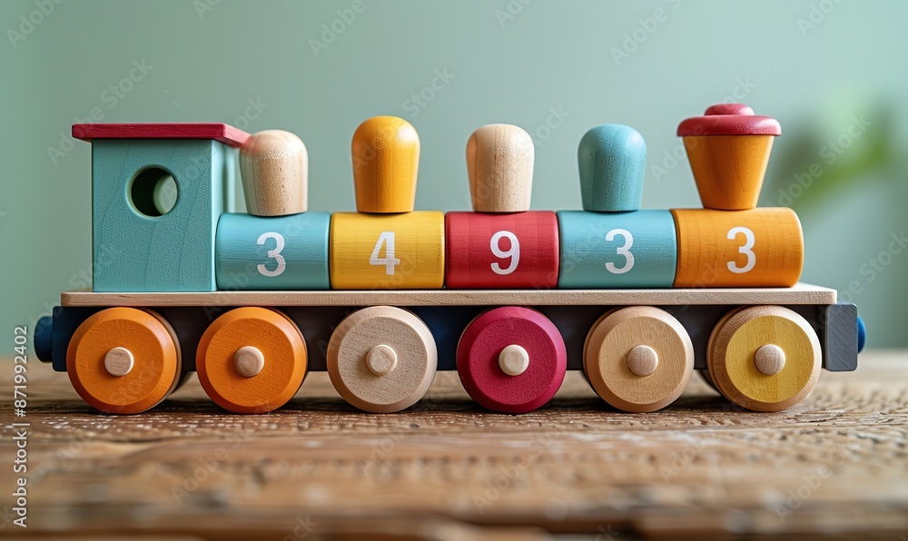 wooden toy locomotive, numbers on pastel green background early ...