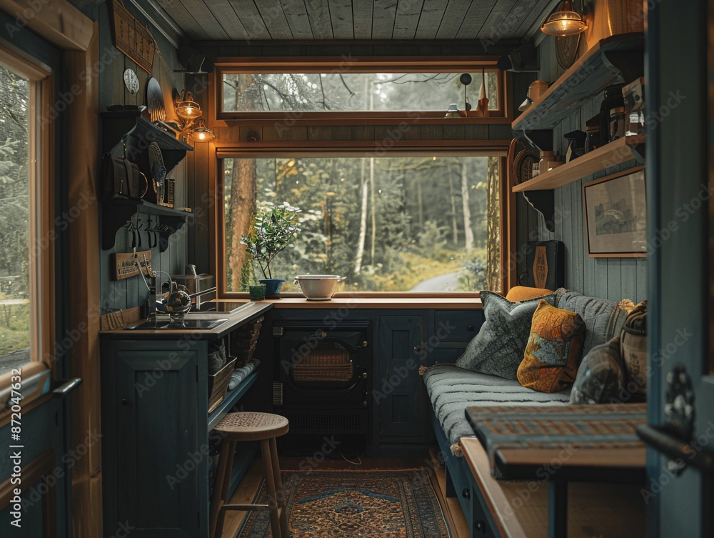 Cute tiny house interior layout complete with basic facilities and bed ...