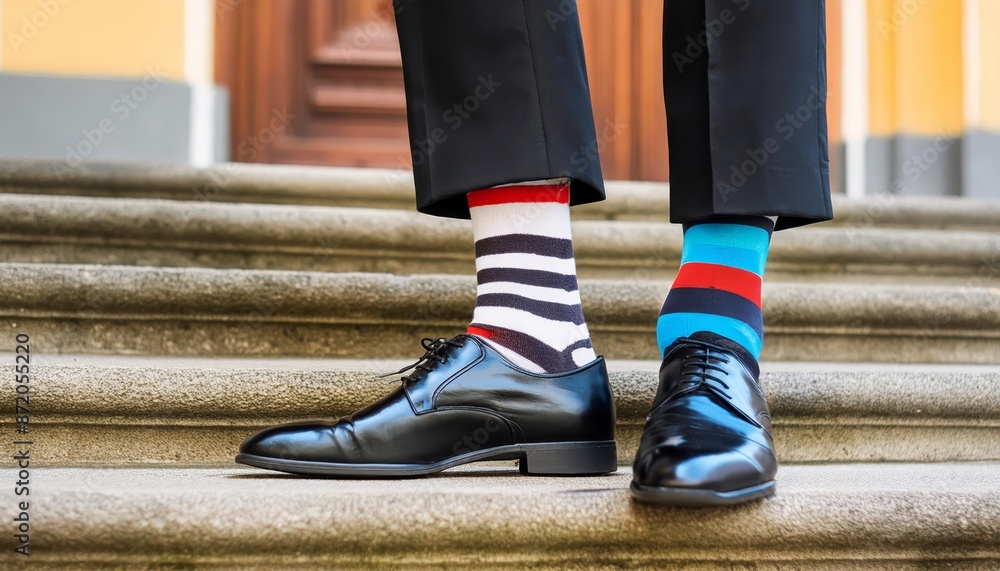 Legs with black pants, different pair of socks and black shoes standing ...