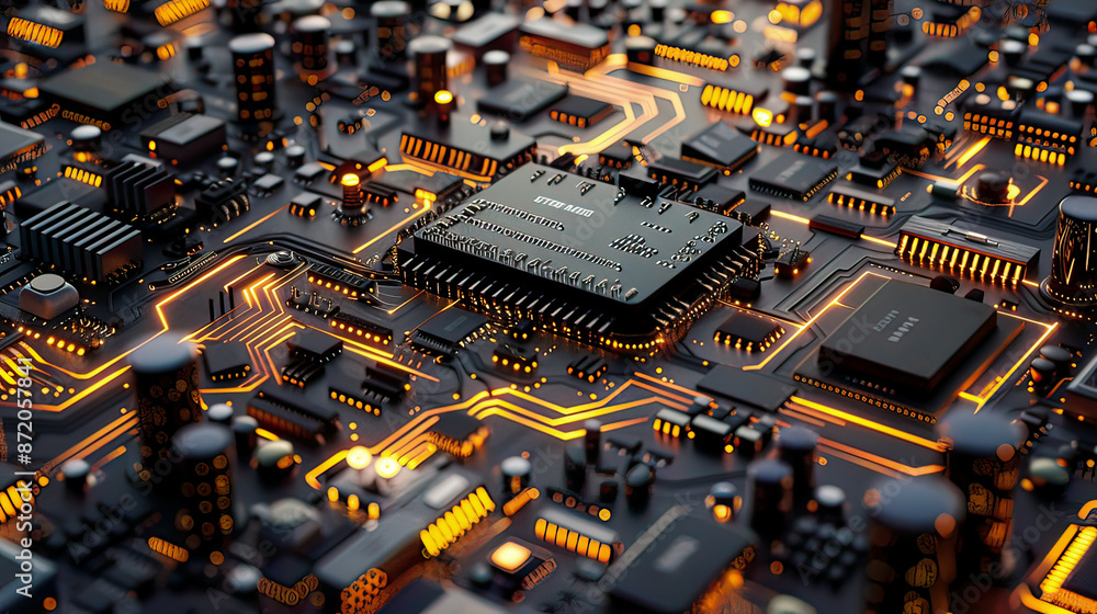 Abstract 3D render of processor chip on motherboard detailed circuit ...