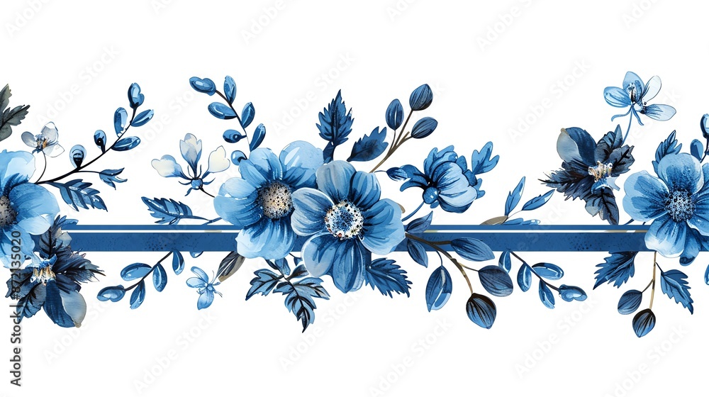 Seamless floral border with blue flowers and leaves on white background ...