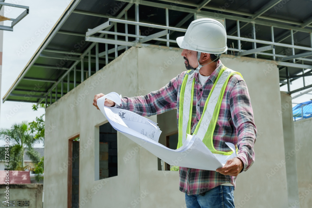 Asian male engineer in white hard hat and reflective vest examining ...