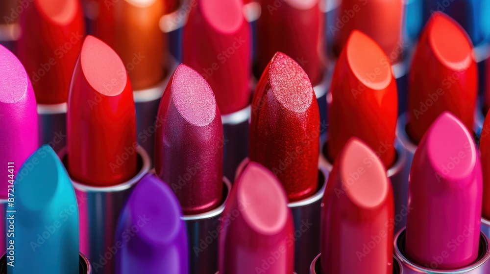 Colorful cylindrical lipstick tubes lined up, vibrant shades, colors of ...