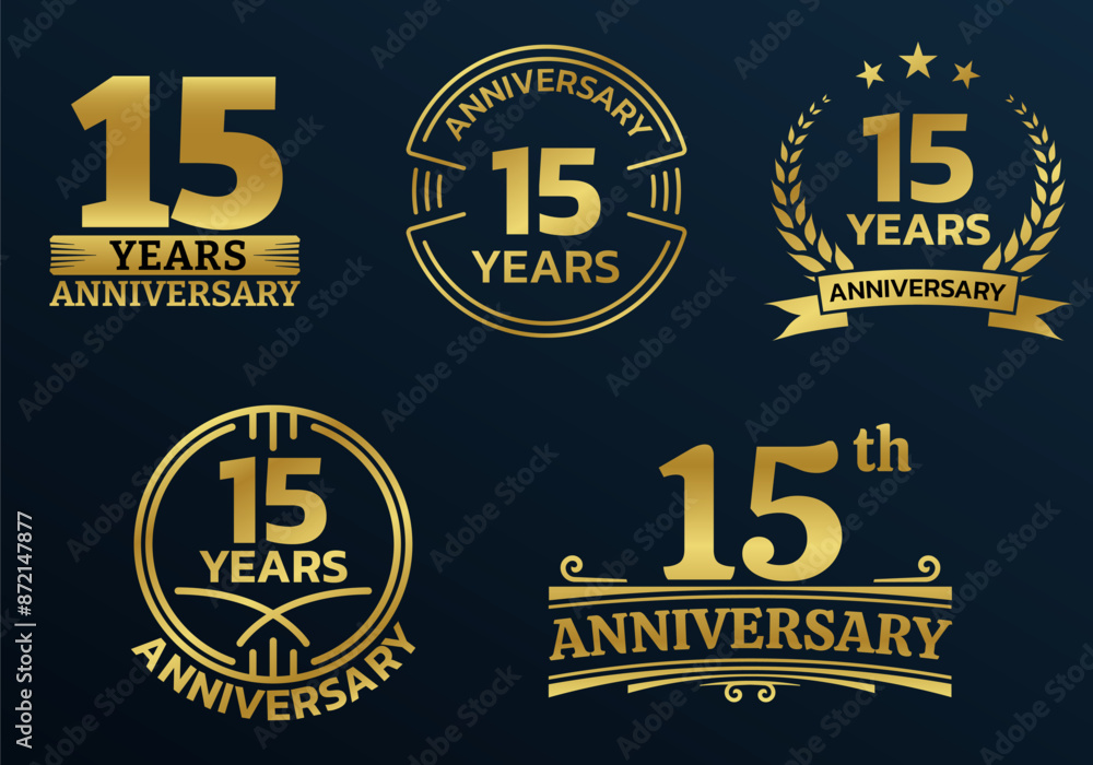 15 years icon or logo set. 15th anniversary celebrating golden sign or stamp. Jubilee, birthday ...