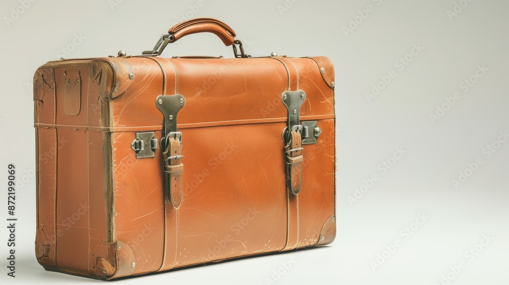 Vintage brown leather suitcase with a handle and latches, showing signs ...