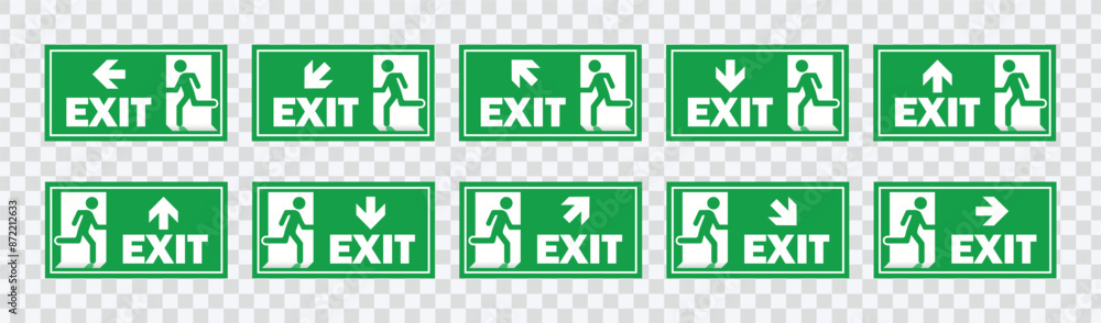 "Emergency exit sign set. Running man and exit door icons for safety ...