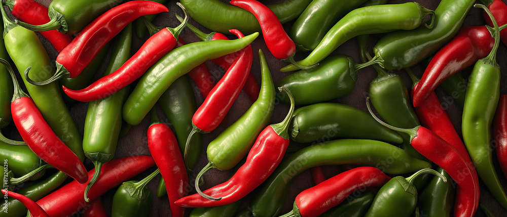 background banner filled with a heap of green and red chili peppers ...