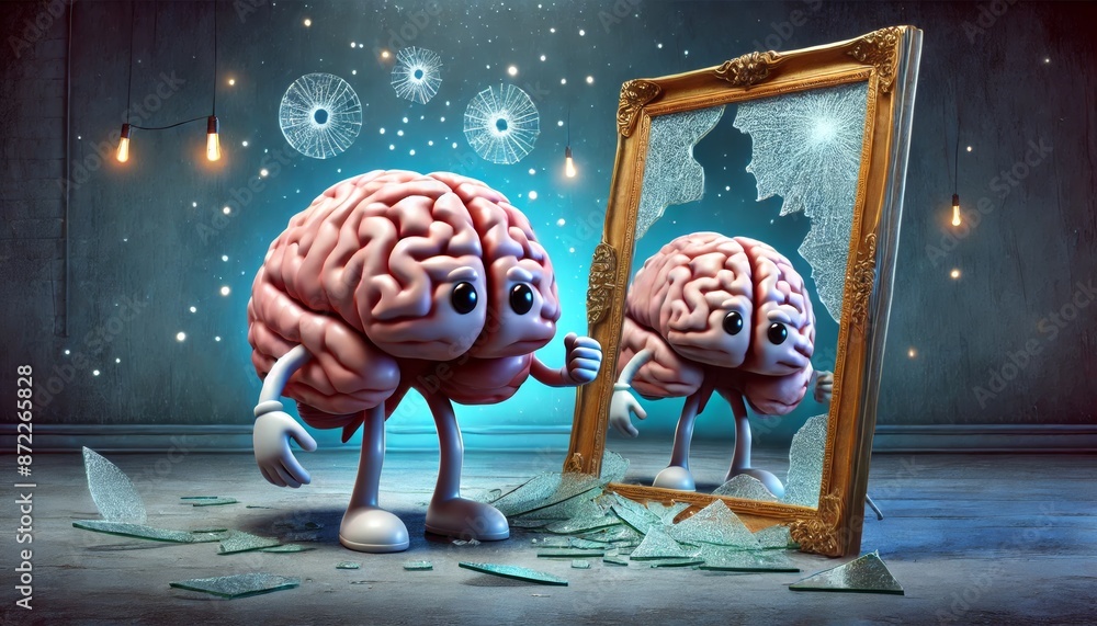 Brain character stands in front of a broken mirror, showing distorted ...